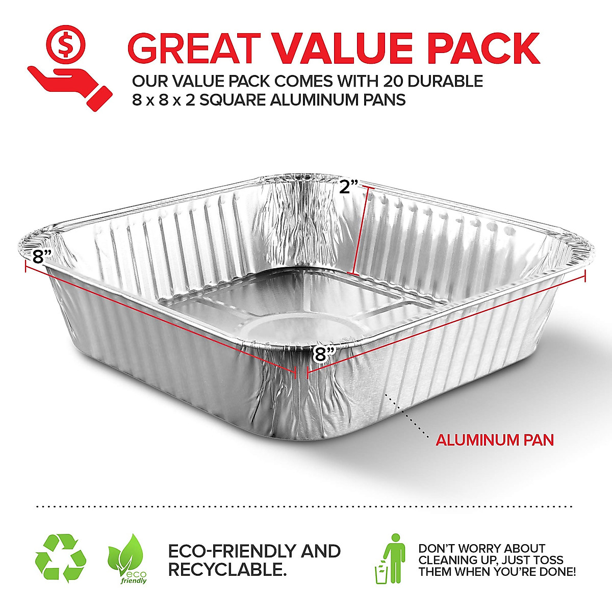 Aluminum Pans 8x8 Disposable Foil Pans (20 Pack) - 8 Inch Square Pans - Tin Foil Pans Great for Cooking, Heating, Storing, Prepping Food