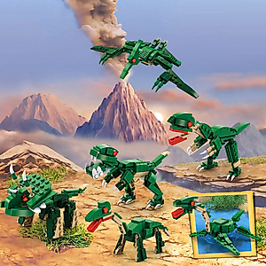 GARUNK 6 in 1 Mighty Dinosaurs Building Blocks Set, Build It Yourself Dinosaur Set, Create a Ceratosaurus, Pterosaur, Diplodocus, Triceratops, Allosaurus, Raptor, for Kids (673 Pieces)