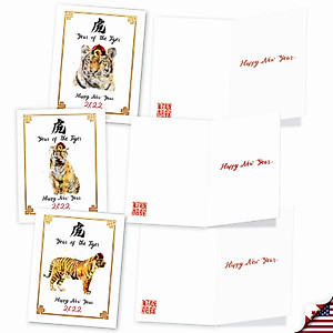 The Best Card Company - 20 Lunar New Year 2022 Box Set 4 x 5.12 Inch w/Envelopes (not Gold Foil) Chinese Animals for Men, Women Variety Pack (10 Designs, 2 Each) Year of The Tiger AM8989CNG-B2x10-22