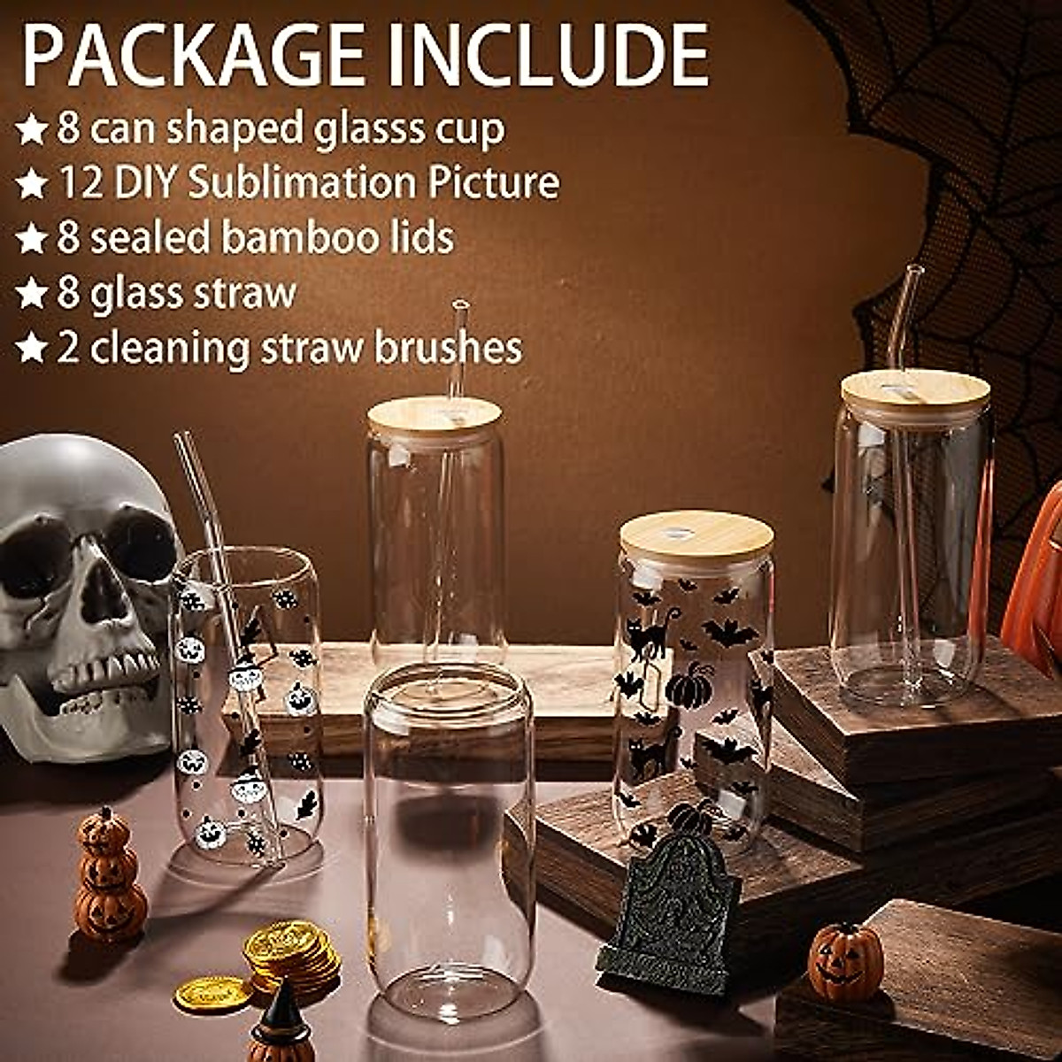Dandat 8 Pack Halloween Glass Cups 16 oz with 12 Pcs Sublimation Picture for DIY Blank pumpkins Iced Coffee Beer Can with Lids and Straws Tumbler Mason Jar Cups Mug Drinking Borosilicate Glass