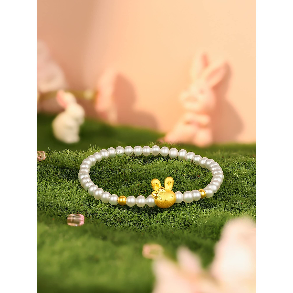 ZHOU LIU FU 24K Solid Gold Bracelets for Women, Stretchable Real Gold Rabbit Freshwater Pearl Bangle Charm Bracelets, Pure Gold White Pearls Bunny Bracelet
