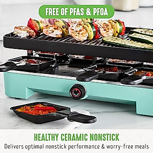GreenLife Raclette Indoor Tabletop Grill, Healthy Ceramic Nonstick, 2-in-1 Grill and Griddle, 8 Square Nonstick Pans, Adjustable Temperature Control, Easy Indicator Light, PFAS-Free, Turquoise