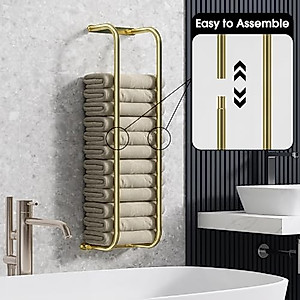 Danpoo Towel Racks for Bathroom Wall Mounted, Towel Storage Organizer, Stainless Steel Bath Towels Holder for Rolled Towels, with 2 Hooks, Brushed Gold