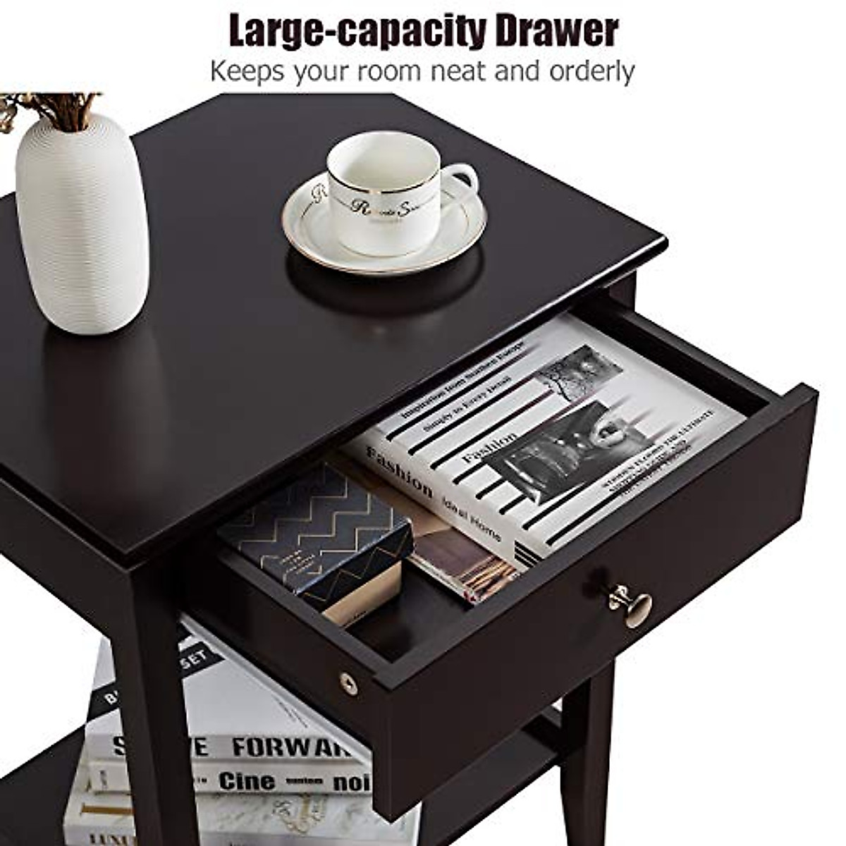 Giantex Nightstand Wooden 2-Tier Couch Sofa Side Table with Drawer, Storage Shelf, Solid Wood Legs,Mufti-Functional Home Furniture for Living Room Bedroom Study Room End Table (2, Brown)