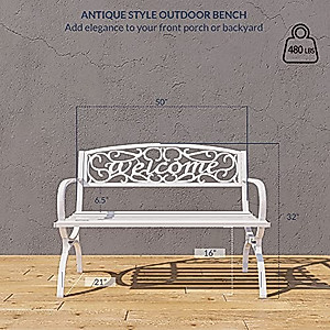 BELLEZE Outdoor Bench, 50-inch Patio Outdoor Garden Bench Cast Iron Metal Loveseat Chairs for Park, Porch, Lawn, Balcony, Backyard, Garden Accessories Antique Seat Furniture Welcome Design, White