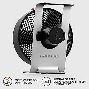 Sharper Image GO 9 Rechargeable Portable Fan with Stand, 3 Speeds, Adjustable Head Tilt, Black