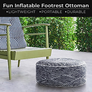 510 Design Inflatable Ottoman Stool Portable Round Pouf, Handle, Inflatable Foot Rest, Weatherproof & Water Repellent Indoor/Outdoor Ottomans for Patio Garden, Camping, Pool, D21 x 9" H, Black/White