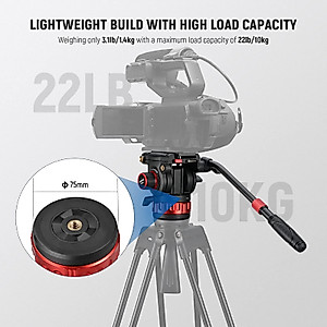 NEEWER Pro Video Tripod Fluid Head with Stepless Adjustable Pan & Tilt Damping, All Metal Heavy Duty QR Plate Compatible with DJI RS Gimbals Manfrotto, Handle, ⌀75mm Base, Max Load 22lb/10kg, GM006