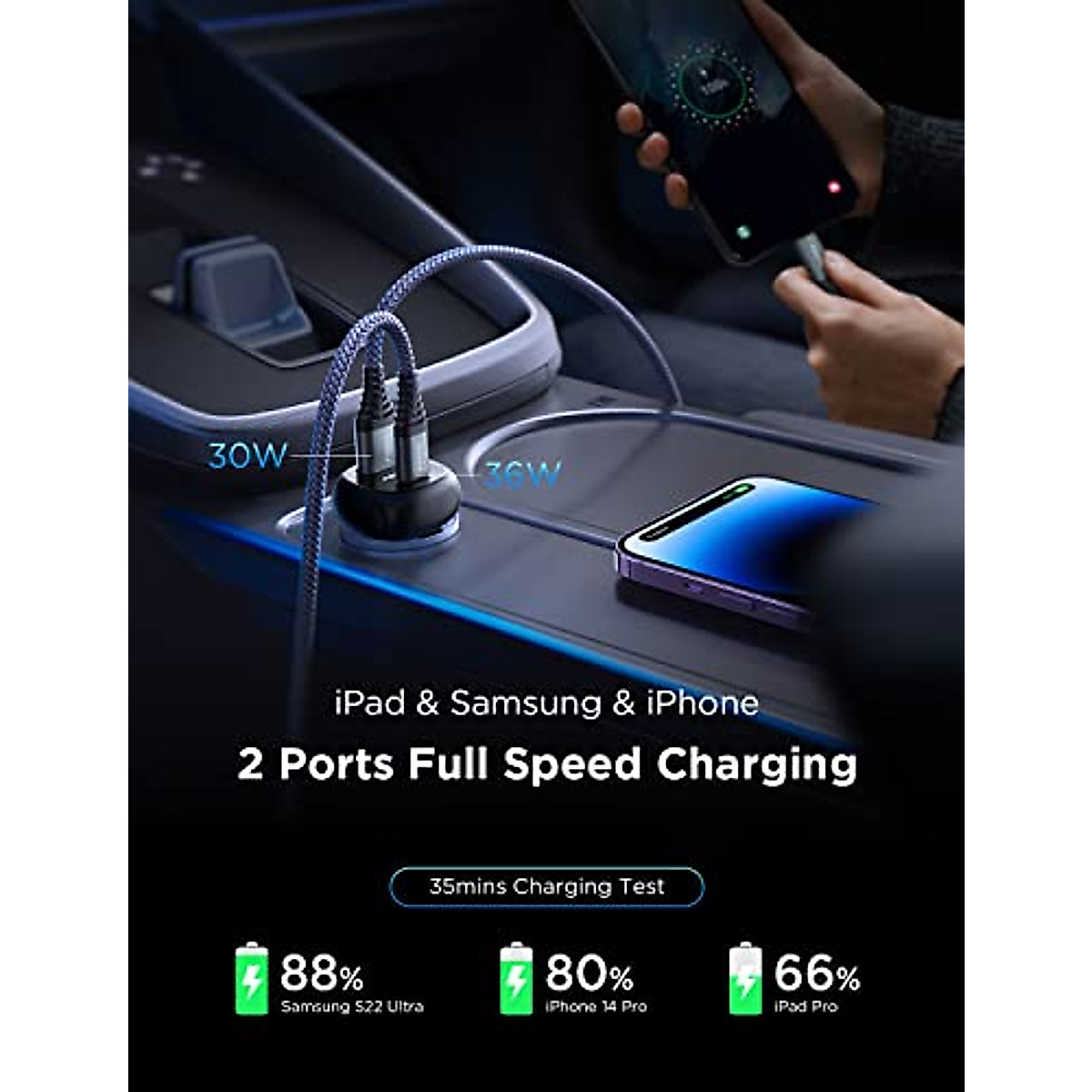 66W USB C Car Charger, AINOPE Cigarette Lighter USB Charger, PD 36W+QC 30W Fast Charging Fast Car Charger, Heavy Solid All Metal iPhone Car Charger Adapter for iPhone, Samsung, iPad, Google Pixel