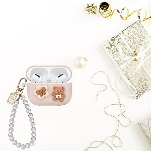 Cute AirPod Pro Case Cartoon Lovely Bear Design with Pearl Chain Soft Protective Cover Compatible with AirPods Pro for Women and Girls (Brown)