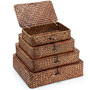 Didaey Set of 4 Seagrass Basket with Lid Wicker Storage Basket Decorative Storage Boxes with Lids Flat Storage Bins Woven Organizer Baskets for Shelf Closet Bedroom, 4 Sizes (Dark Brown)