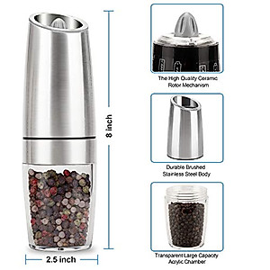 Pepper Grinder, Gravity Electric Pepper Mill, Battery Operated Automatic Salt Mill with Blue LED Light, One Handed Operation, Adjustable Coarseness, Silver（Including Stainless Steel Spoon）