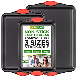 NutriChef Non-Stick Kitchen Oven Baking Pans-Deluxe & Stylish Nonstick Gray Coating Inside & Outside, Commercial Grade Restaurant Quality Metal Bakeware with Red Silicone Handles NCSBS3S, 3 Piece Set