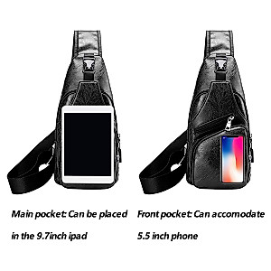 JUMO CYLY Leather Sling Bag with USB Charging Port Large Mens Crossbody Shoulder Bag Travel Sling Chest Bag (Small Black)