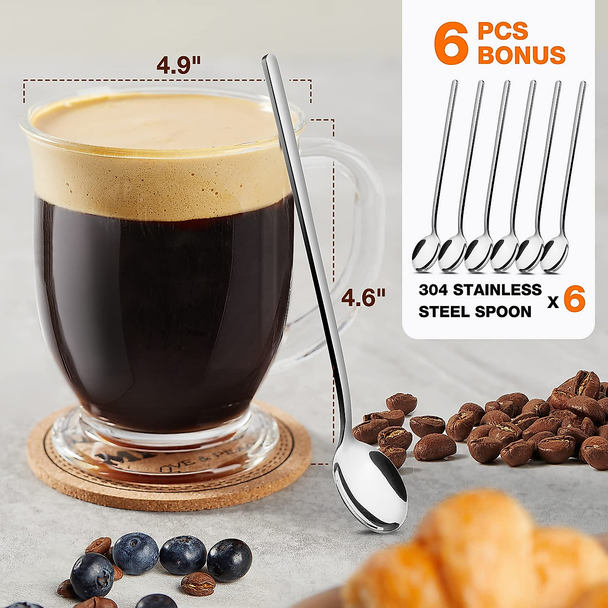 Mfacoy Glass Coffee Mugs Set of 6, Clear Coffee Mug 15 Oz, Large Glass Mugs With Handles for Hot Beverages, Clear Mugs for Tea, Cappuccino, Latte, Espresso Coffee, Juice, Glass Coffee Cups