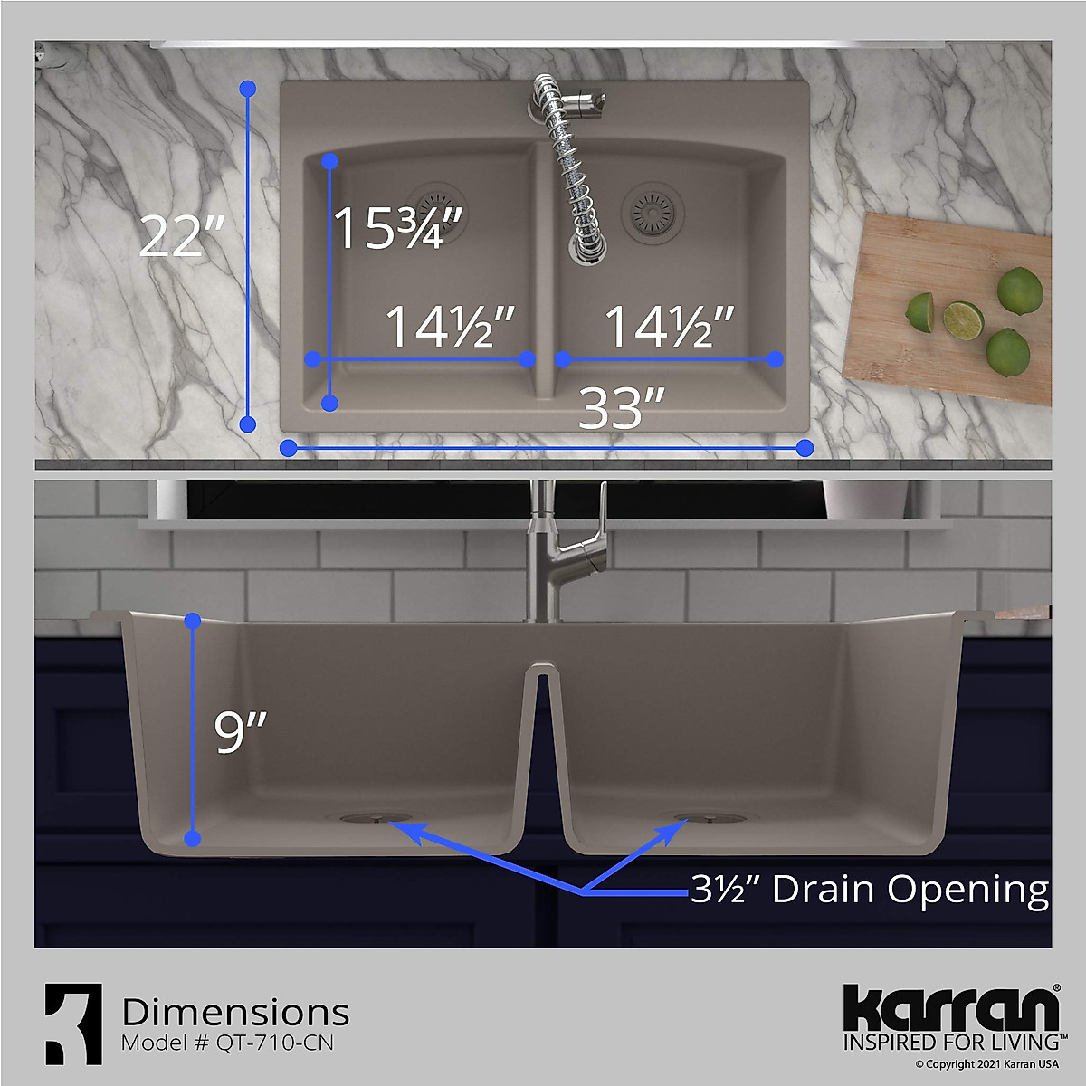 Karran QT-710 Drop-in Quartz Composite 33 in. 1-Hole 50/50 Double Bowl Kitchen Sink Kit in Concrete