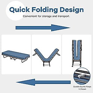Augester Folding Bed with 4 Inch Mattress, Rollaway Foldable Guest Bed for Adults, Memory Foam Mattress & Sturdy Metal Frame, Portable Bed Cot Size w/Wheels, Easy to Transport, Blue