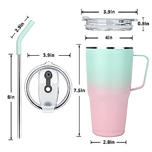 Sursip 30oz Mug Tumbler-Stainless Steel Vacuum Insulated Mug with Handle,Lid and Straw,Fit for Car Holder,Keeps Drinks Cold up to 24 Hours,Sweat Proof and Leak Proof,Dishwasher Safee-Green&Pink