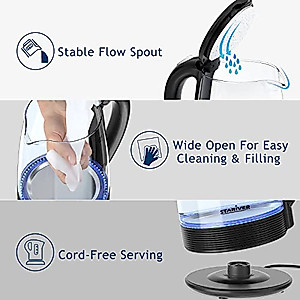 Stariver Electric Kettle, 2L Electric Tea Kettle, BPA-Free Glass Kettle with LED, Hot Water Kettle with Fast Boil, Auto Shut-Off & Boil-Dry Protection, Stainless Steel Inner Lid & Bottom, Black