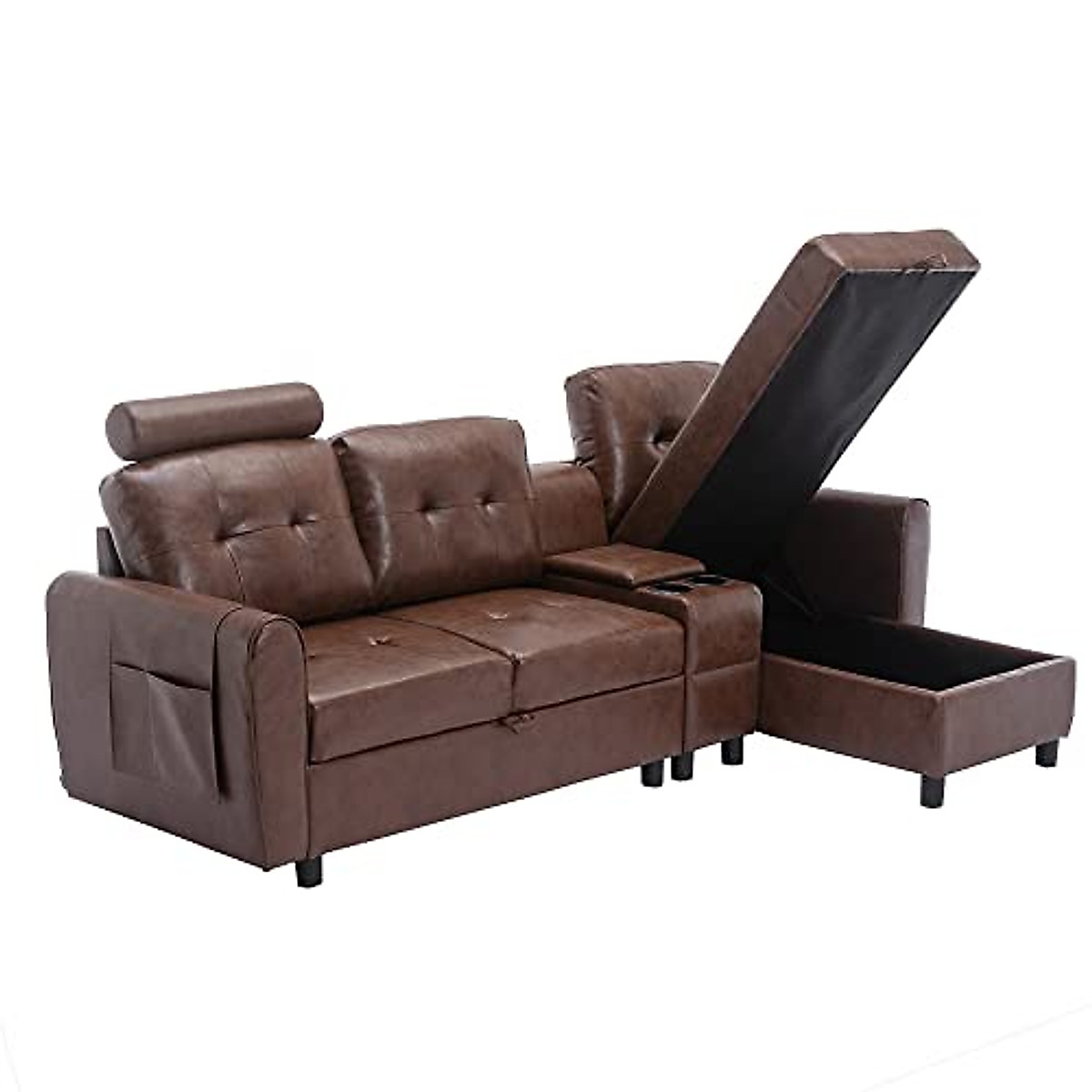 FANYE L-Shaped Corner Sectional Reversible Storage Chaise, Modern Convertible Sofa & Couch W/Headrest and Cupholders for Home Apartment Office Living Room, Brown PU Leather