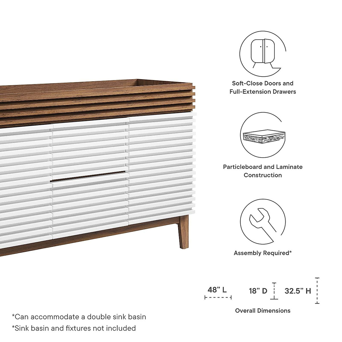Modway Render 48" Bathroom Vanity Cabinet in White Walnut Basin Not Included, Double Sink