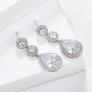 SWEETV Crystal Teardrop Wedding Bridal Earrings For Brides, Bridesmaids, Rhinestone Drop Dangle Earrings for Women, Silver Bridal Prom Party Jewelry