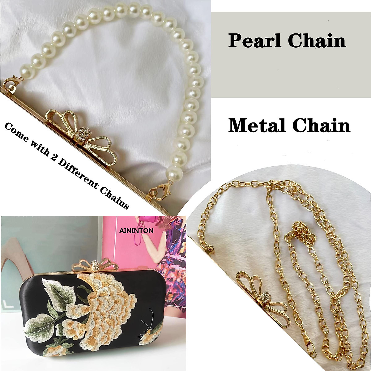 AININTON Women Embroidered Bag Silk Shoulder Bag Black Handbag Rectangle Crossbody Bag with Pearl Chain for Wedding Party Banquet