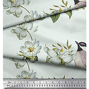 Soimoi Green Cotton Canvas Fabric Leaves,White Floral & Bird Print Fabric by The Yard 56 Inch Wide
