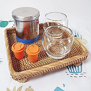 9 Inch Rattan Serving Basket, Square Woven Bowl with 1”Side and Pedestal Stand, Flat Wicker Decorative Snack Basket Trays for Bread, Fruit, Keys, Candy Dish, Rustic Platter, Display Riser, Exxacttorch