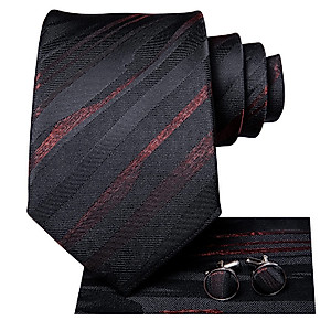 Dubulle Mens Paisley Striped Tie and Handkerchief Cufflinks Tie Set for Men Wedding Business Formal,Red Black