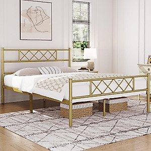 Yaheetech Queen Size Metal Platform Bed Frame Mattress Foundation with Headboard and Footboard No Box Spring Needed Under Bed Storage Steel Slats Antique Gold