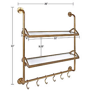 Kate and Laurel Marit Modern Industrial Wall Shelf with Metal Pipe Supports and Glass Shelves, Gold