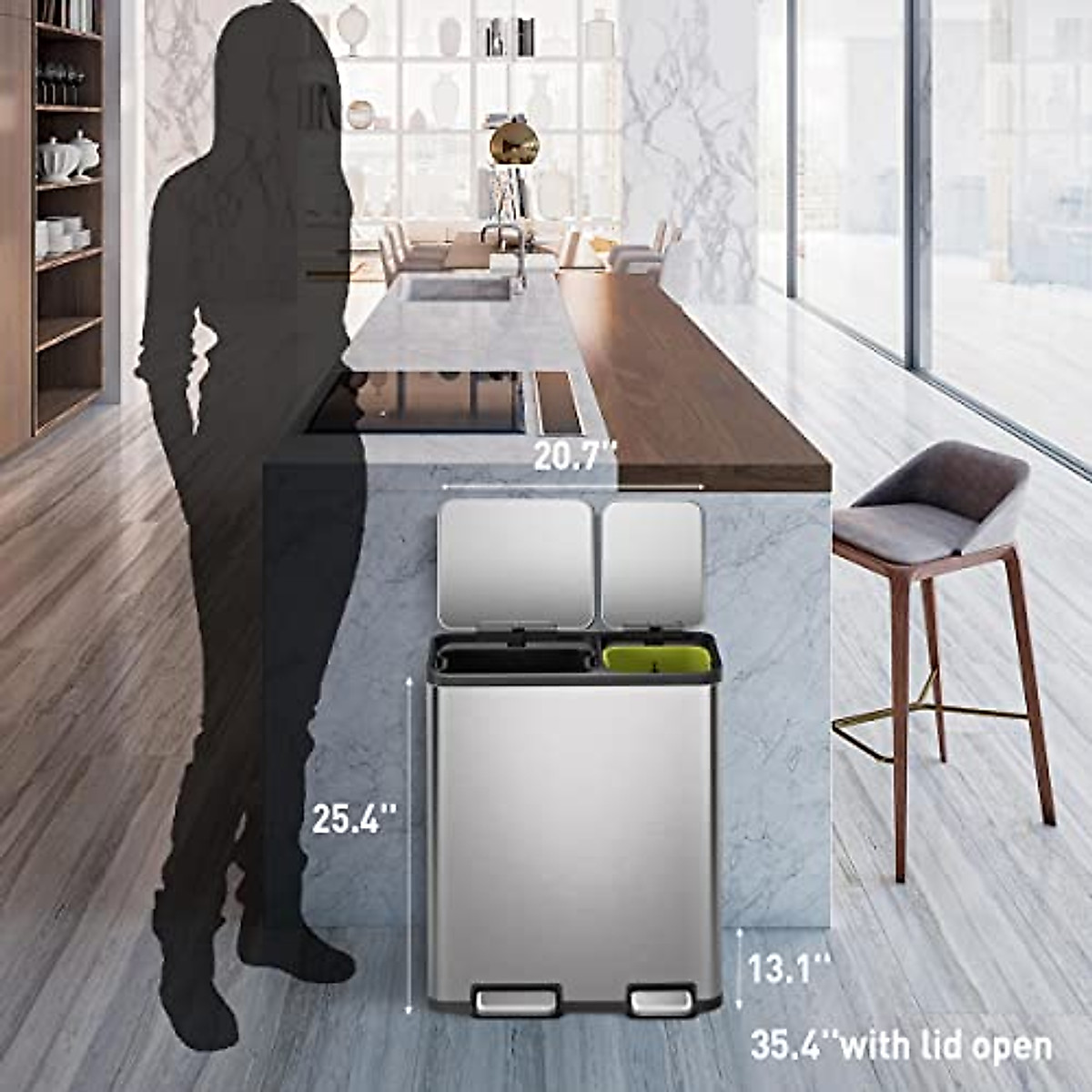 EKO EcoCasa Stainless Steel Dual Compartment Recycling Step Trash Can 30L+20L, (EK9128MT-30L+20L)