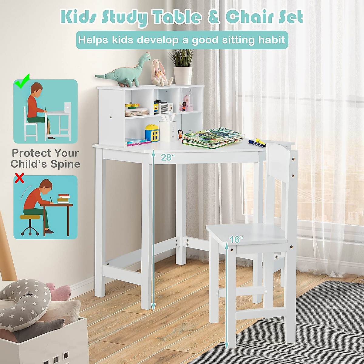 Costzon Kids Desk and Chair Set, White Corner Desk with Hutch for Small Space, Bedroom, Children School Study Table, Student Computer Workstation, Space Saving Writing Desk for Kids