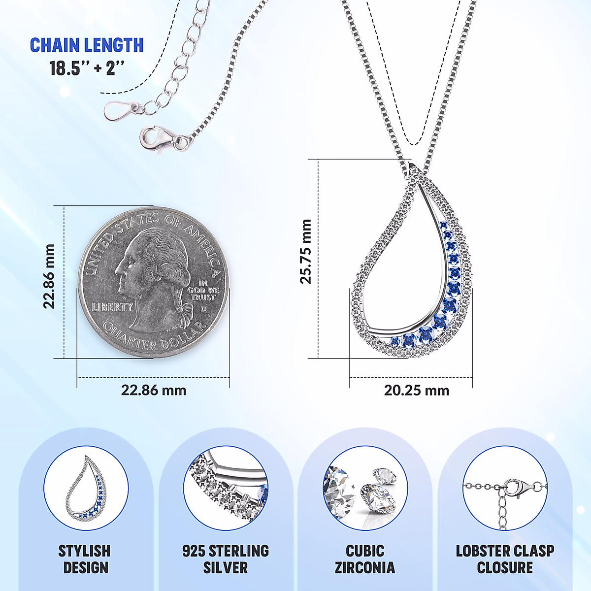 Vivelie Birthstone Necklace for Women Birthstone Jewelry - Platinum Plated Sterling Silver Teardrop Necklace Gift for Her (September - Sapphire blue)