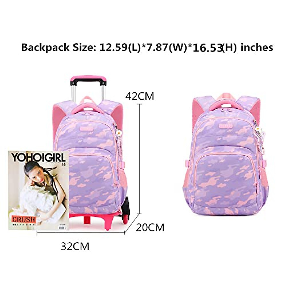 Stripe Rolling Trolley Bag Wheeled Backpack for Girls Primary Geometric Schoolbag Elementary Bookbag (Purple Pink)