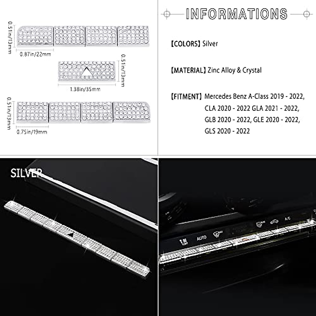 1797 for Mercedes Benz Accessories 2020-2022 CLA GLA GLB GLE GLS A-Class Bling AC Button Covers Air Conditioning Control Switch Caps Crystal Silver 9Pcs/Set