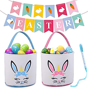 2PCS Large Easter Basket Empty for Teens Boys Girls Kids + Easter Banner + Pen, Bunny Personalized Easter Basket for Candy Stuffers Gifts Toys Egg Hunt Tote Bag Bucket, Party Favors Easter Basket Bulk