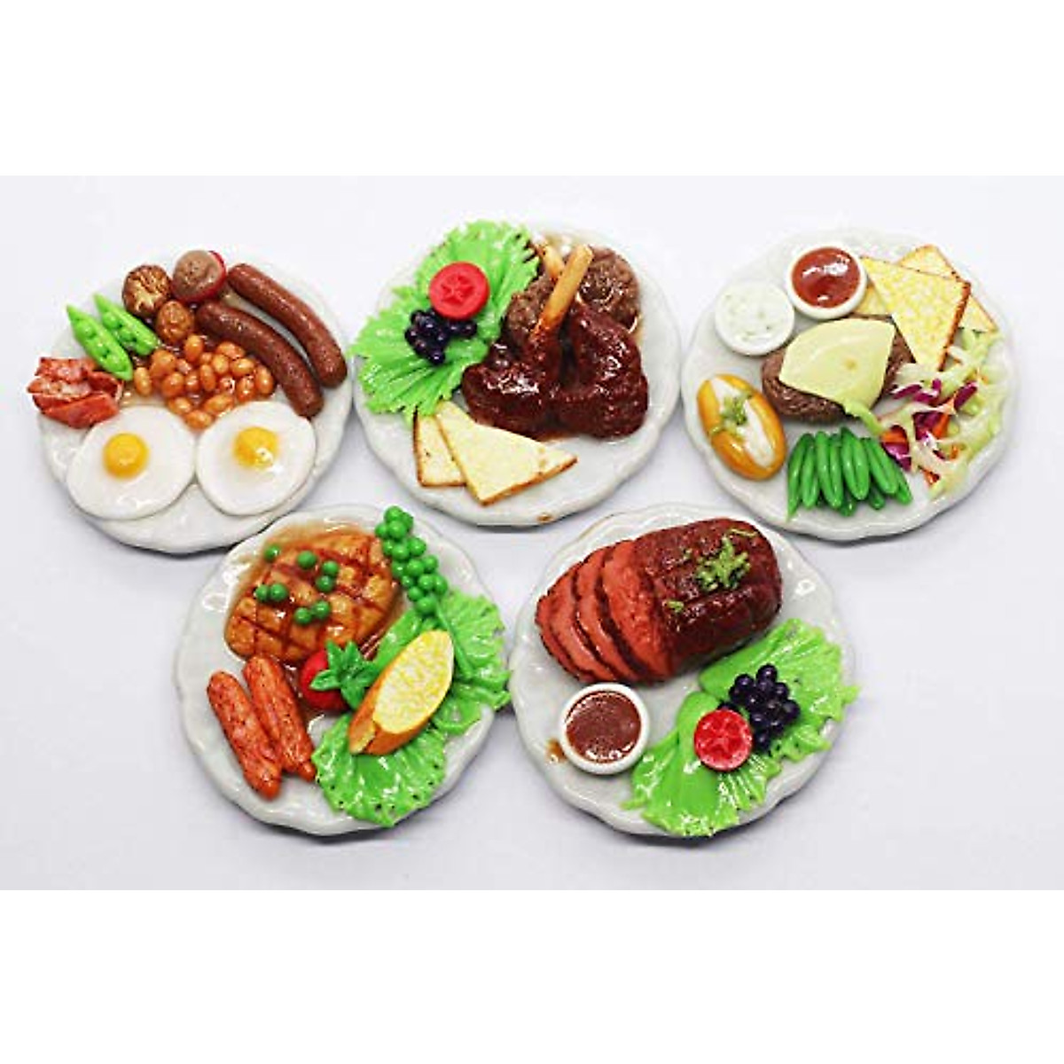 ThaiHonest Set 5 Assorted Dollhouse Miniature Food with Lamb Ribs,Tiny Food On Ceramic Plate, Dollhouse Accessories for Collectibles