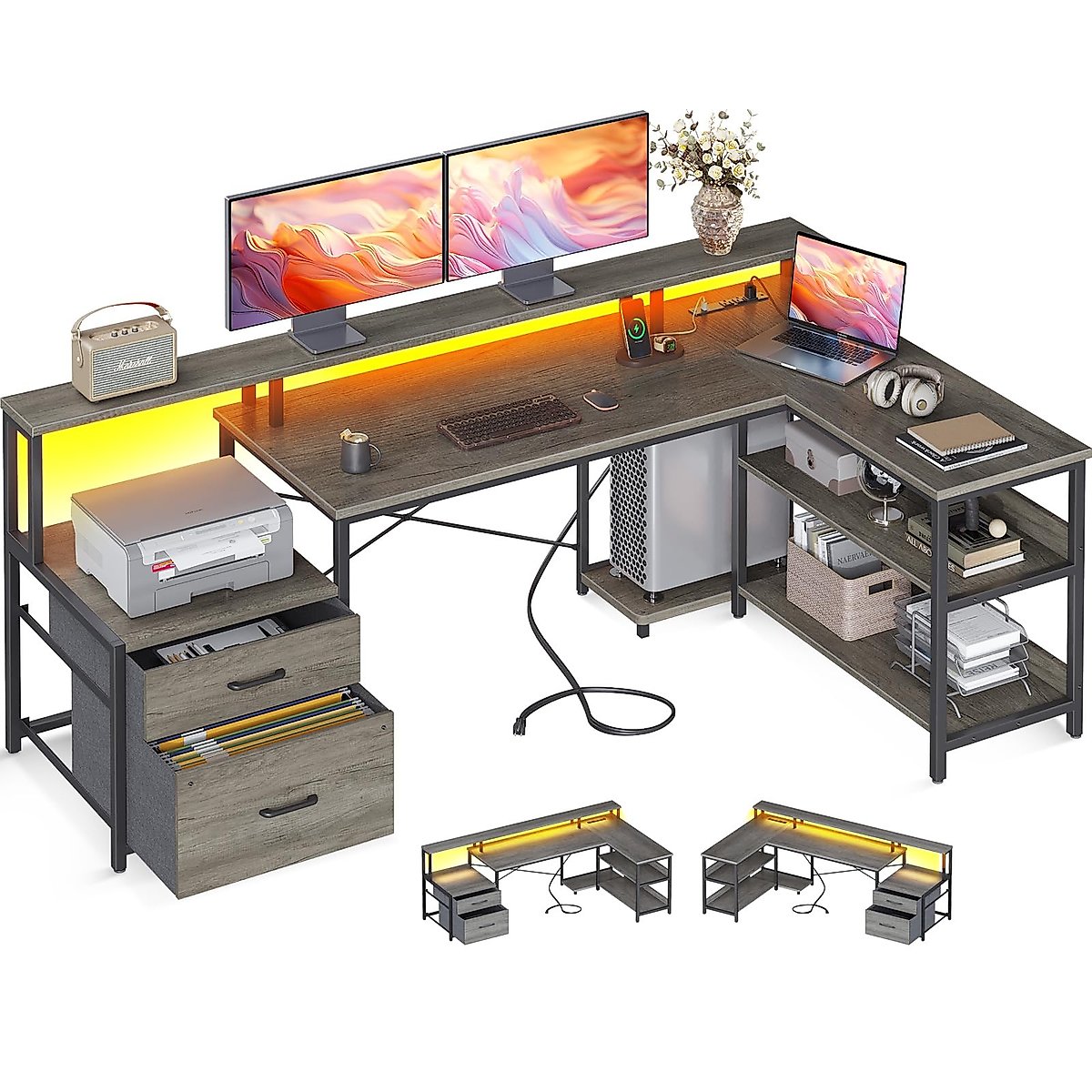 ODK L Shaped Desk with File Drawer, 66" Reversible L Shaped Computer Desk with Power Outlet & LED Strip, Office Desk with Storage Shelves, Gaming Desk with Monitor Shelf, Corner Desk, Grey Oak
