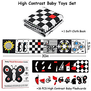 Black and White High Contrast Baby Book for Newborn with Baby Flashcards, Infant Tummy Time Soft Cloth Book Crib Toys, Washable Non-Toxic Early Educational Visual Stimulation Baby Toys