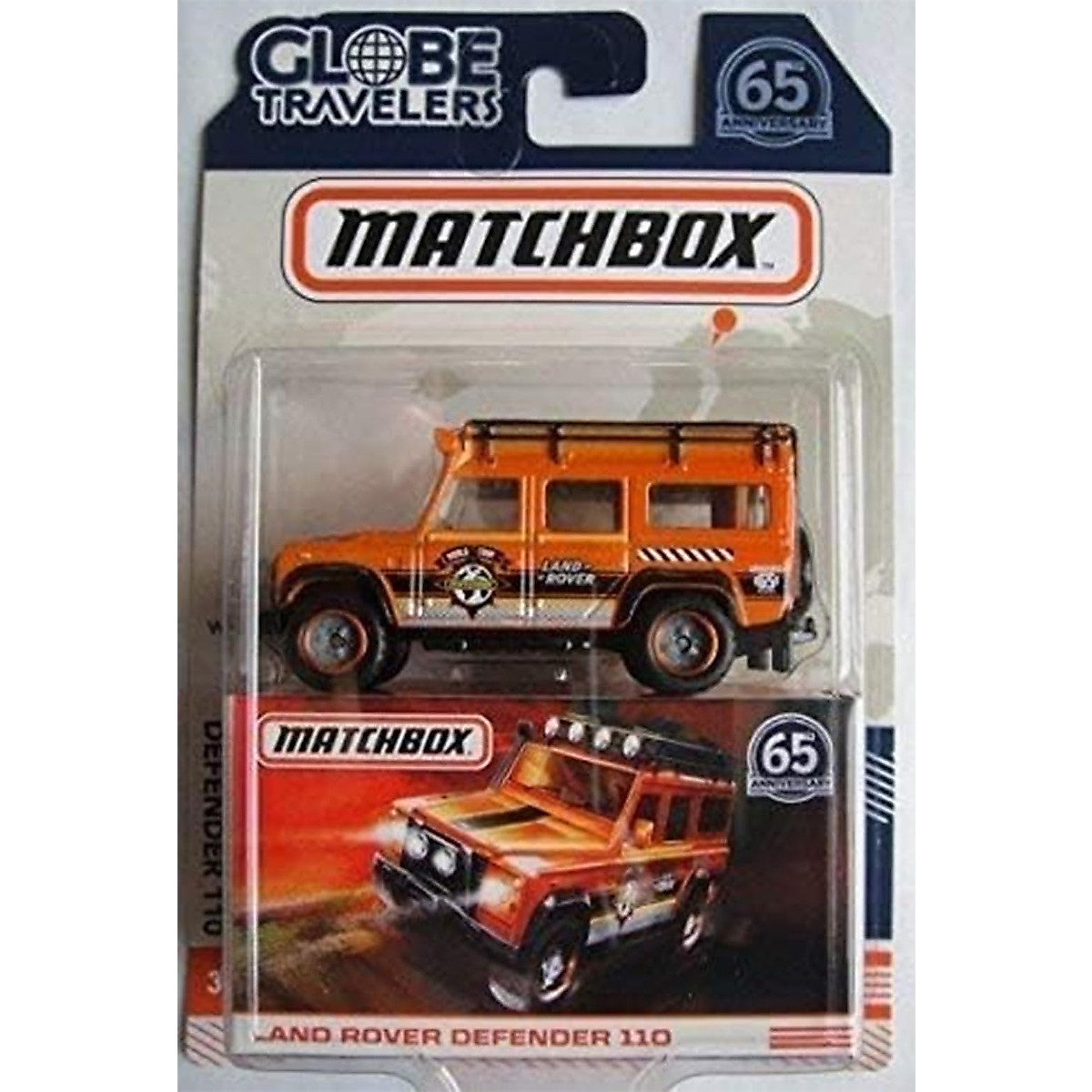 MATCHBOX Globe Travelers Orange Land Rover Defender 110 65TH Anniversary