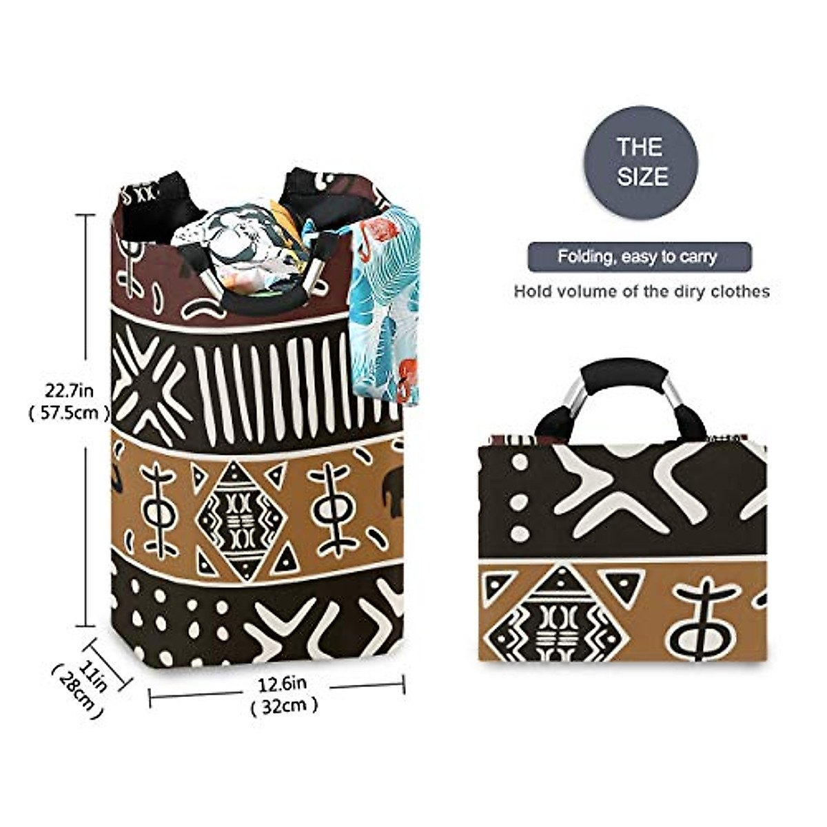 Ruio Laundry Hamper Basket Storage Bag Foldable Clothes Bag African Mud Cloth with Elephants Folding Washing Bin Clothes Hamper Large Basket