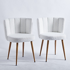 Dining Chairs Set of 2, Modern Teddy Fabric Dining Chairs Shell Shape Side Chair Desk Chair Accent Chair with Metal Legs for Kitchen,Dining Room,Living Room,Cafe (White)