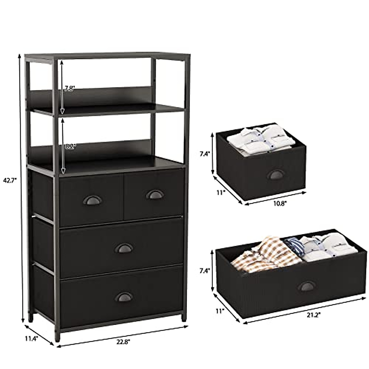 Furologee Black Vertical 4 Drawer Dresser Organizer with 3-Tiers Wood Shelf and Dresser 8 Drawers with Double Shelf Storage Organizer Unit for Bedroom/Living Room/Entryway