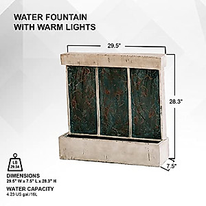 XBrand Polystone Wall Water Fountain with Warm Light and Splash Guard, Indoor Outdoor Wall-Mounted Fountain, Relaxing Décor for Home Patio Garden Backyard, 29.5 Inch Wide, Natural Stone and Green