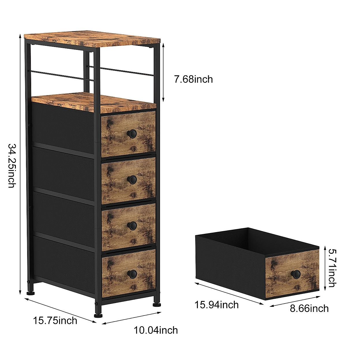 YBING Narrow Side Tables for Small Spaces, Slim Dresser with 4 Fabric Drawers, Small Chest of Drawers, Skinny Nightstand,Wood Brown