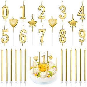 FULANDL 26Pcs Birthday Numeral Candles Set, 10Pcs Number 0-9 Glitter Cake Topper Decoration with 16Pcs Long, Star, Heart Birthday Candles (Gold)