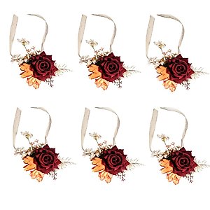 Ansofi Wrist Corsage Wristlet Band Bracelet for Women Bride Bridesmaid, Burgundy & Burnt Orange Corsages for Wedding Set of 6…