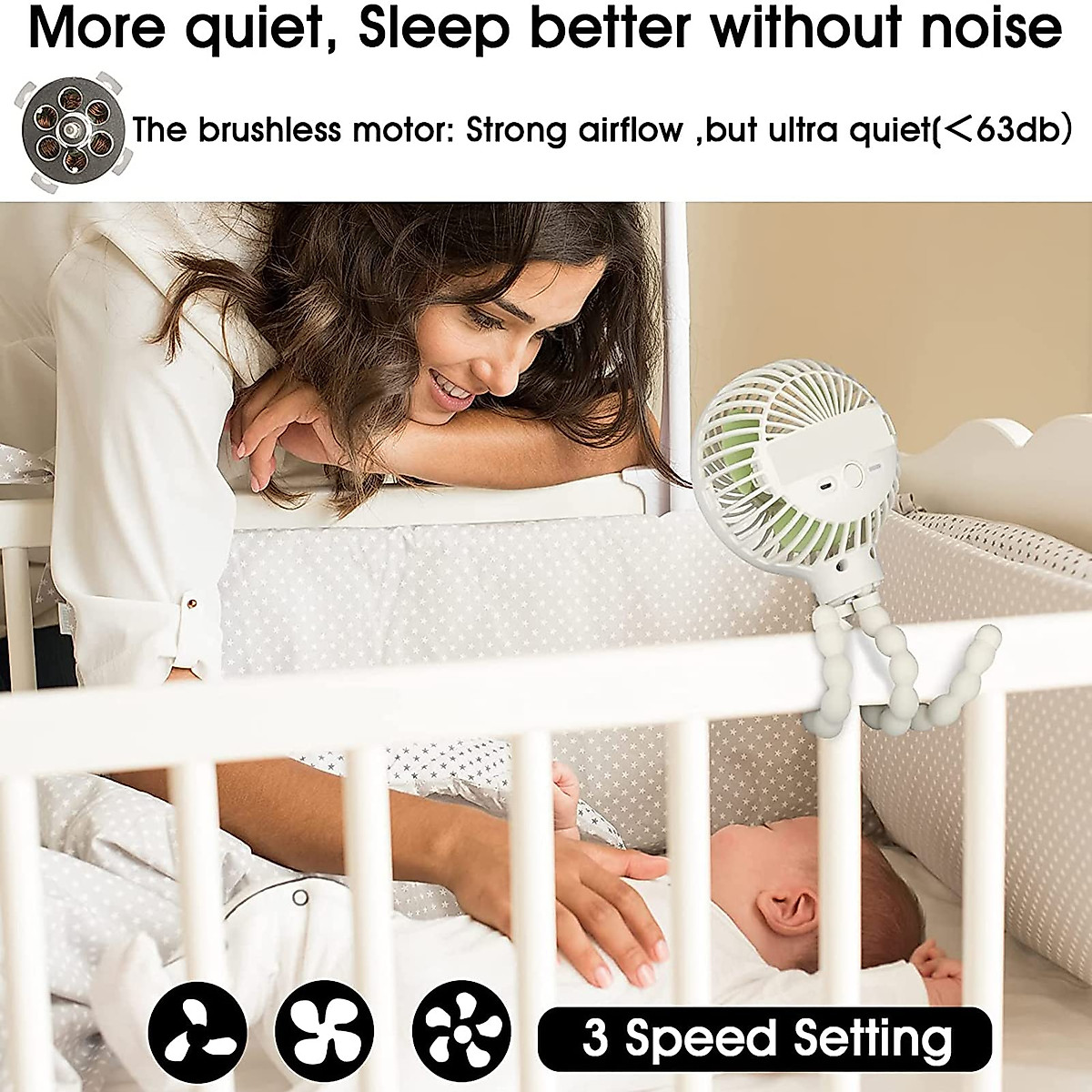 Mini Handheld Stroller Fan, Personal Portable Fan Baby Car Seat Clip-On Fan with DIY Flexible Tripod, USB Rechargeable Fan Adjustable 3 Speeds for Bedroom, Outdoor, Camping, Bike, BBQ